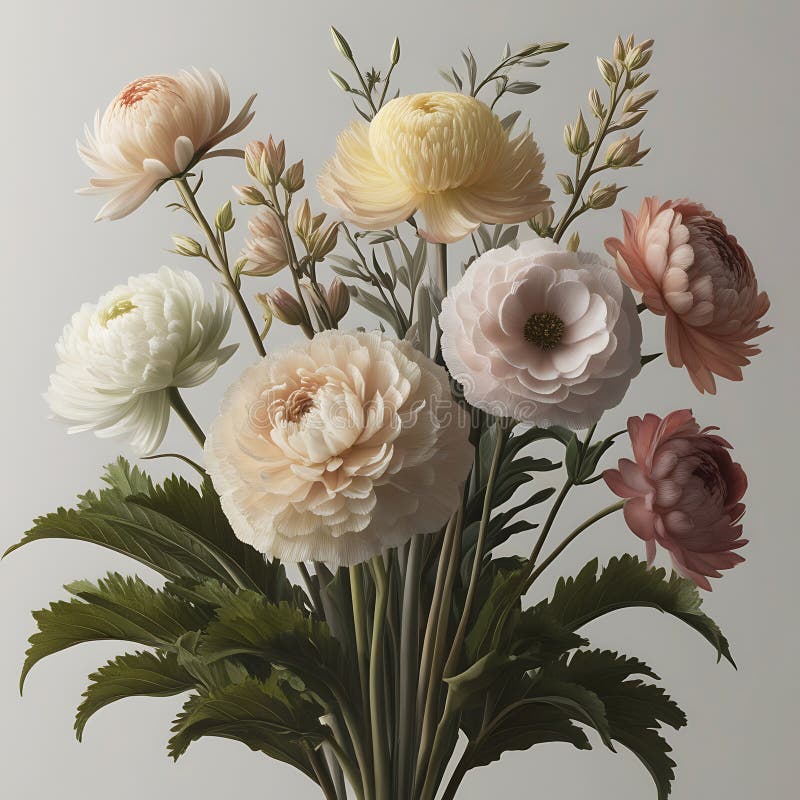 High Resolution Botanical Study Featuring Realistic Floral Bouquet with ...