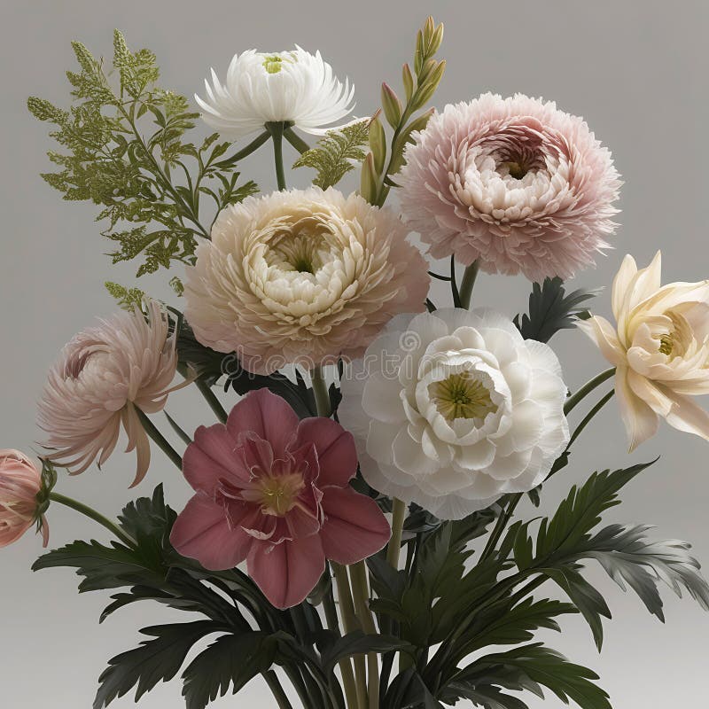 High Resolution Botanical Study Featuring Realistic Floral Bouquet with ...