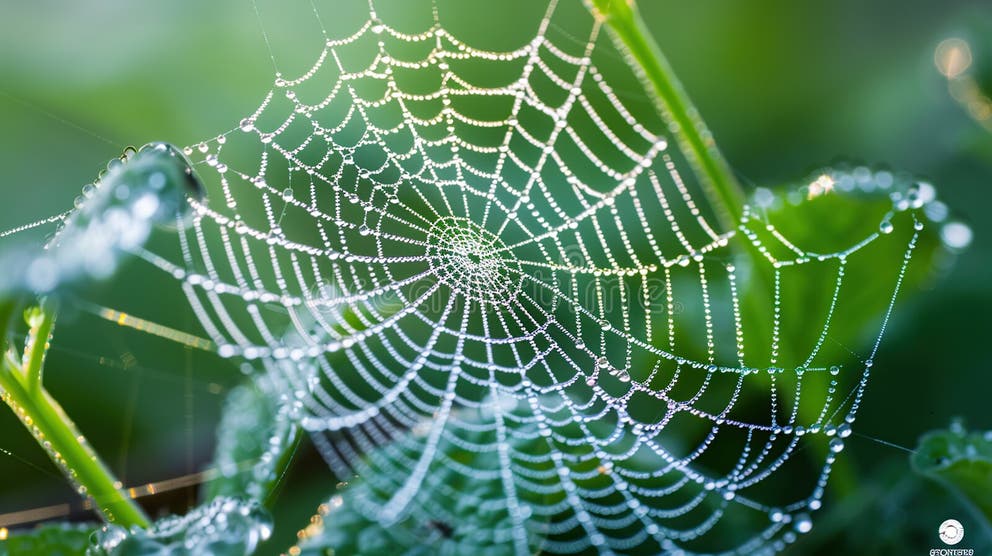 High Resolution Capture of a Dew Drop Covered Spider Web at Dawn Stock ...
