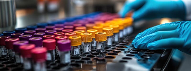 High Resolution Close Up of Colorful Blood Sample Vials in Laboratory ...
