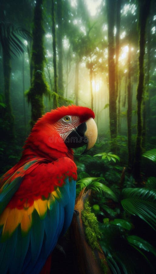 Scarlet Macaw in Dense Rainforest Stock Illustration - Illustration of ...