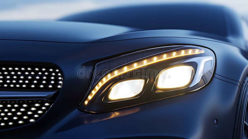 Close-Up of Mercedes LED Headlights Illuminated Against a Blurry Scene ...