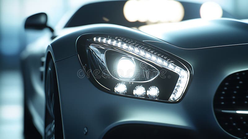 Close-Up of Mercedes LED Headlights Illuminated Against a Blurry Scene ...