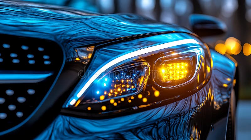 Close-Up of Mercedes LED Headlights Illuminated Against a Blurry Scene ...