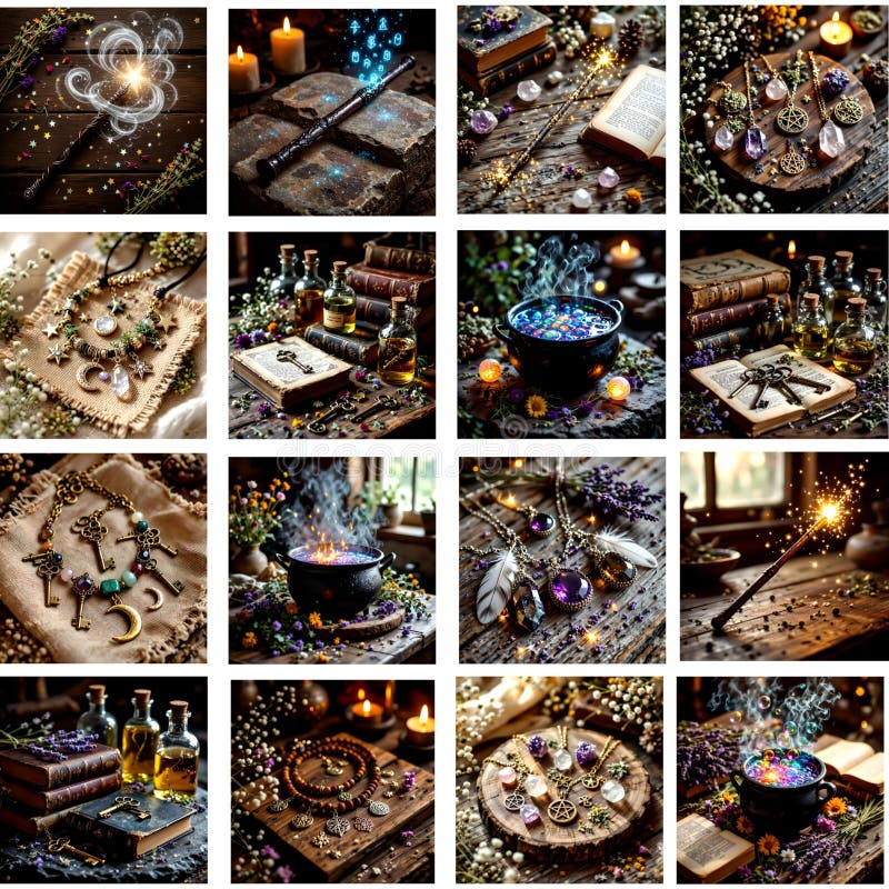 Witch S Spell-Casting Setup Collage with Crystals, Potions, Candles ...