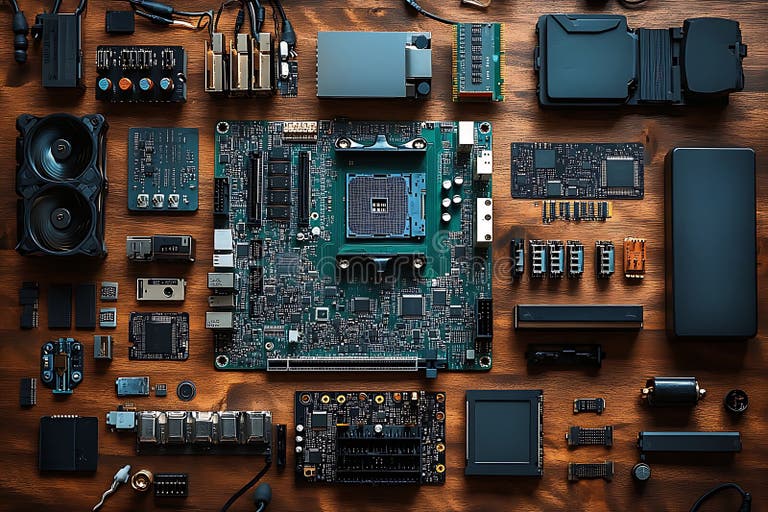 High-Resolution Computer Motherboard Components Top View, Detailed ...