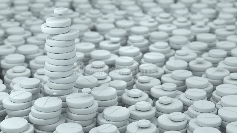3D Render of a Large Pile of White Pharmaceutical Tablets with a Single ...