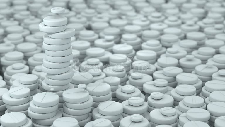 3D Render of a Large Pile of White Pharmaceutical Tablets with a Single ...