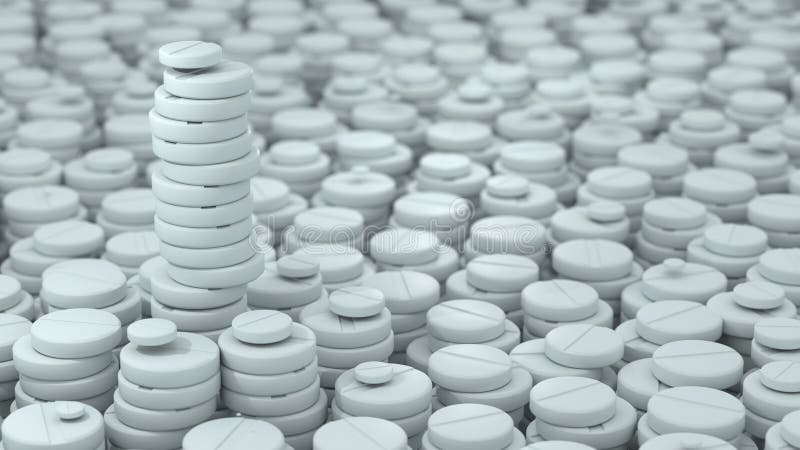 3D Render of a Large Pile of White Pharmaceutical Tablets with a Single ...