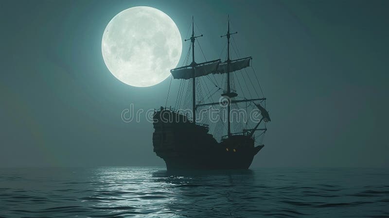 3D Rendering of a Pirate Ship at Sea Under a Full Moon Stock ...