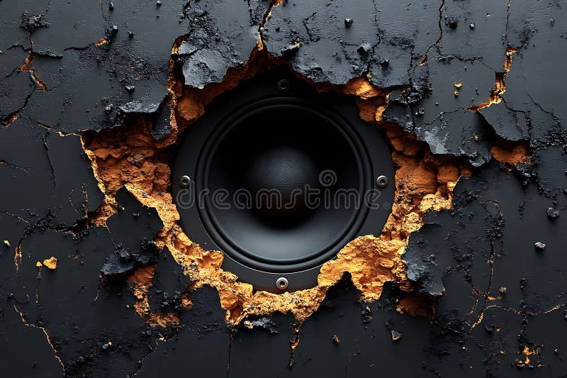 Black Speaker in Cracked Wall, Abstract Music Background, 3D Render ...