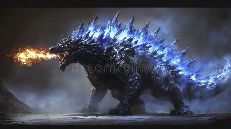 Ferocious Godzilla Breathing Fire in Abstract Background Stock Photo ...