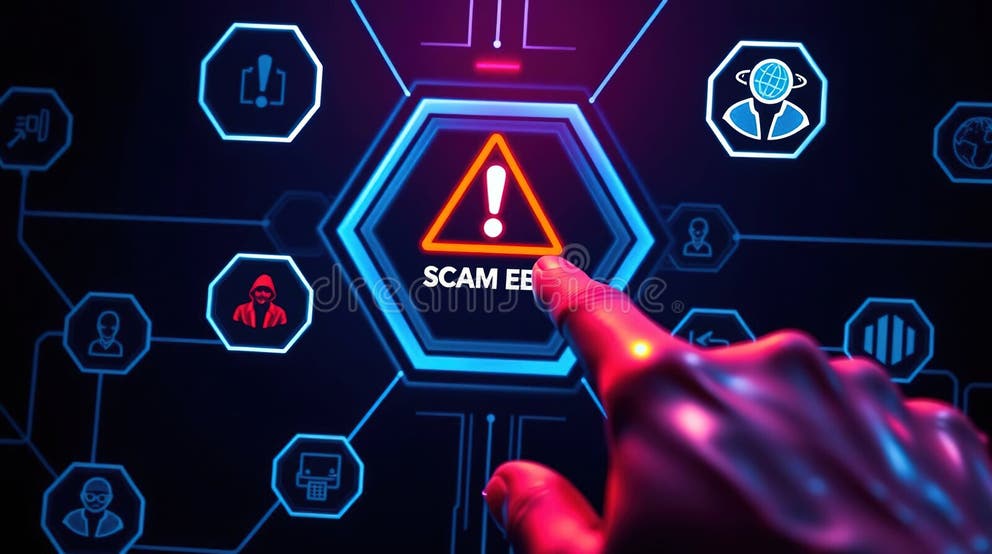 Realistic Hand Touching Futuristic Interface with Scam Alert Warning ...