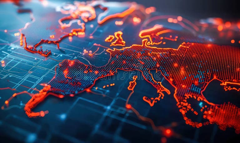 High-Resolution Digital World Map with Glowing Red Lines and Circuit ...