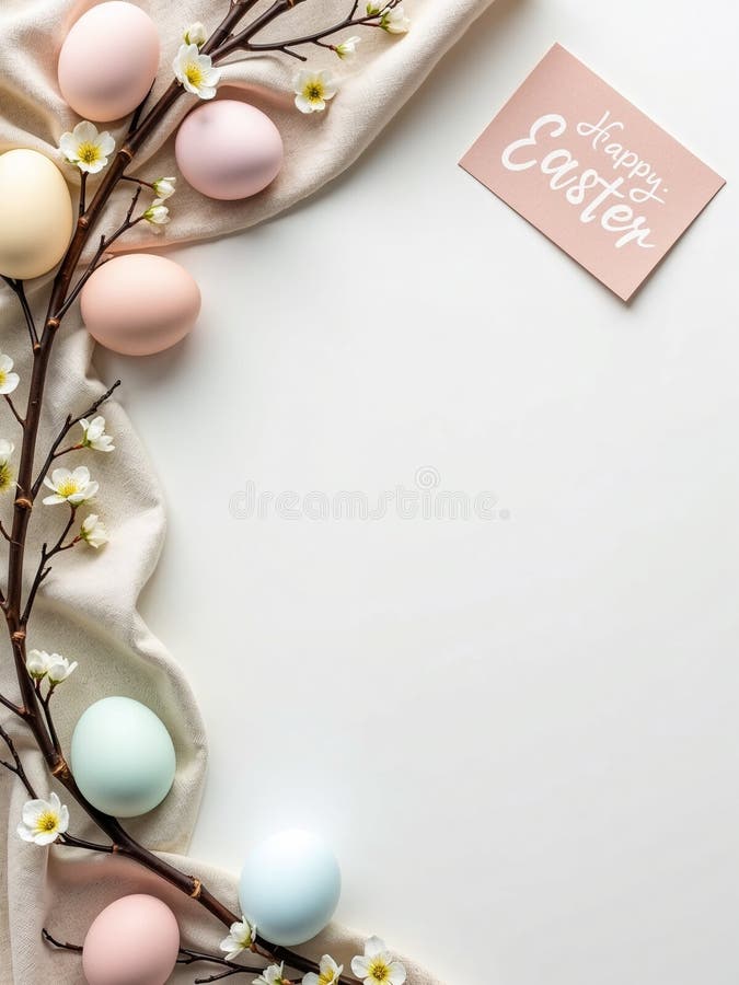 White Surface Easter Layout with Linen and Blossoms Stock Illustration ...