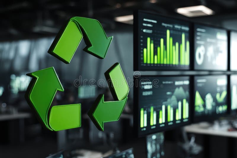 High Resolution Green LED Recycle Symbol in Modern Office Display with ...
