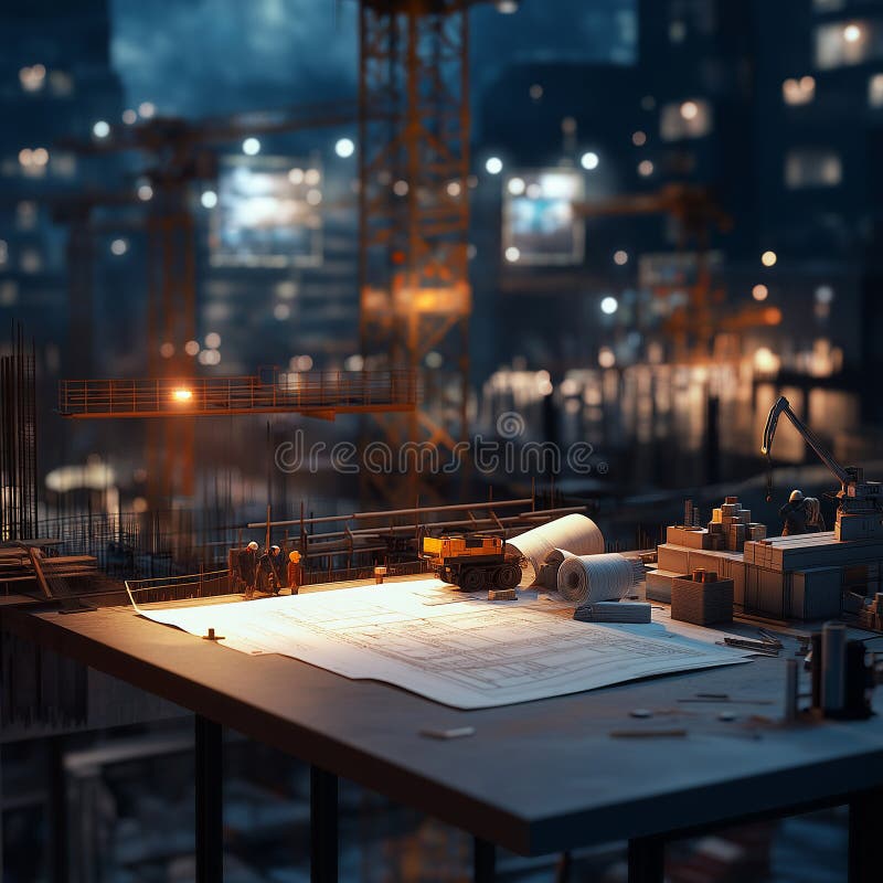 Hyper-Realistic Construction Site Advertisement with Blueprints and ...