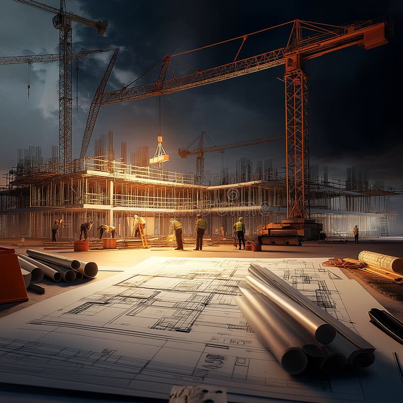 Hyper-Realistic Construction Site Advertisement with Blueprints and ...