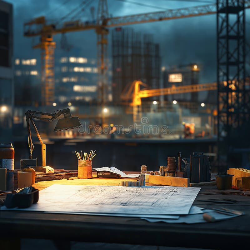 Hyper-Realistic Construction Site Advertisement with Blueprints and ...