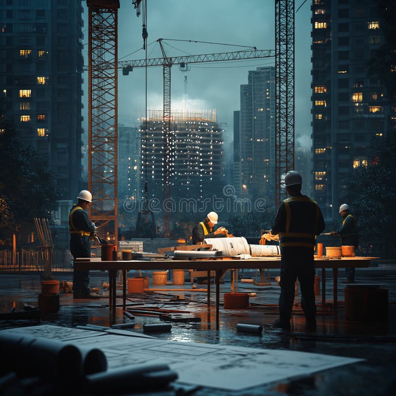 Hyper-Realistic Construction Site Advertisement with Blueprints and ...