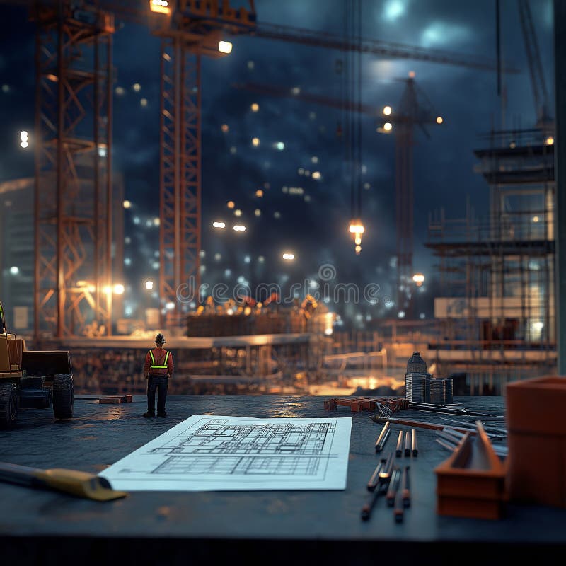 Hyper-Realistic Construction Site Advertisement with Blueprints and ...