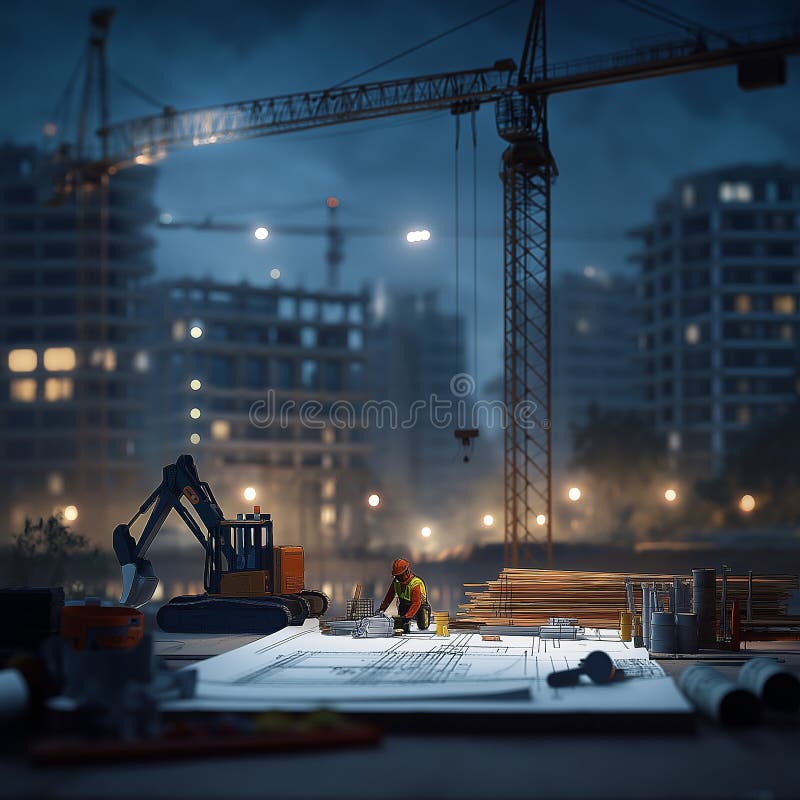 Hyper-Realistic Construction Site Advertisement with Blueprints and ...