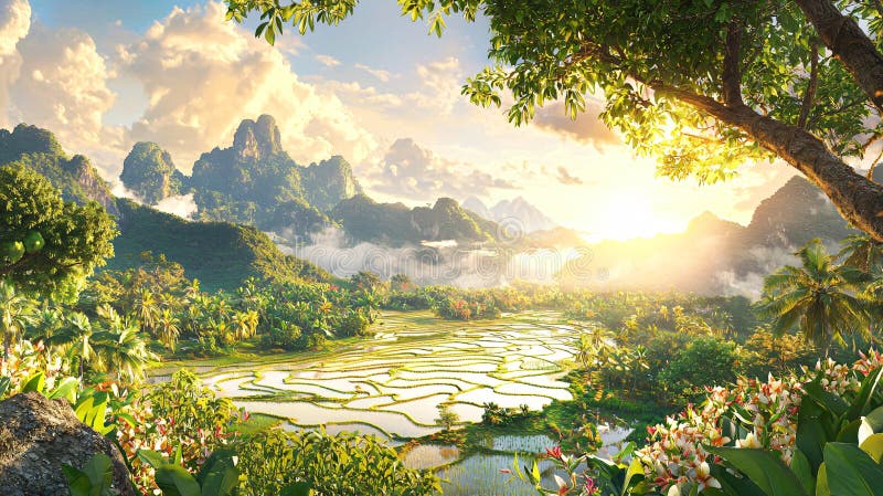 Lush Tropical Rice Terraces Sunrise Landscape Stunning Asian Scenery AI ...