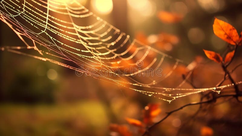 Spider Net on a Tree in Light of the Setting Sun High Resolution Stock ...