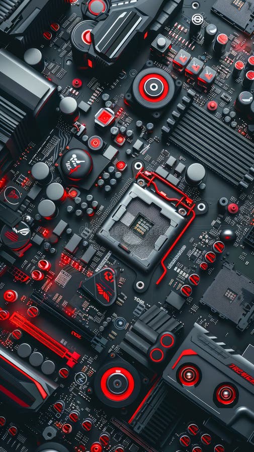 High Resolution Image of Advanced Motherboard Circuitry with Red LED ...