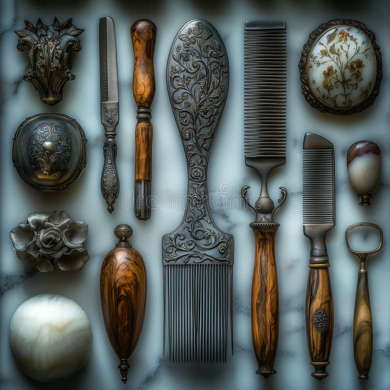 Vintage Grooming and Vanity Tools with Ornate Details on Marble ...