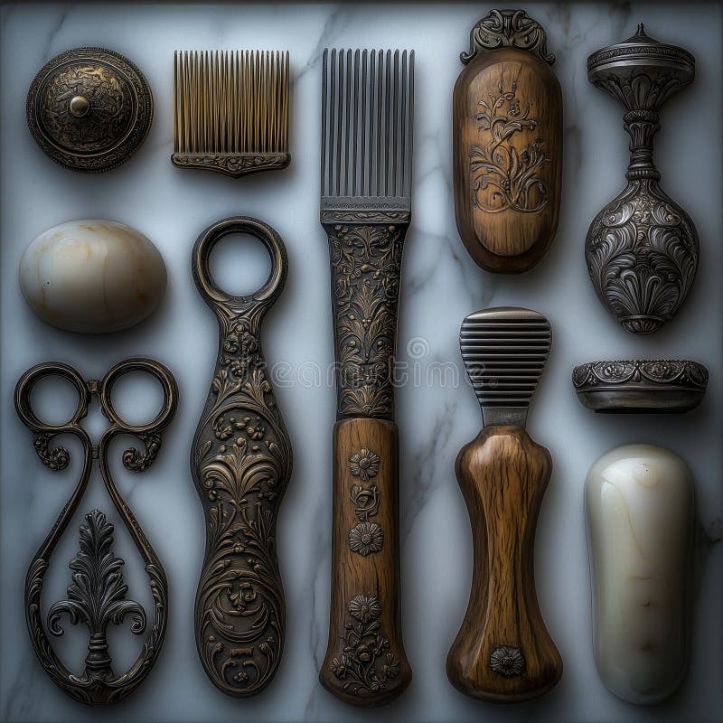 Vintage Grooming and Vanity Tools with Ornate Details on Marble ...