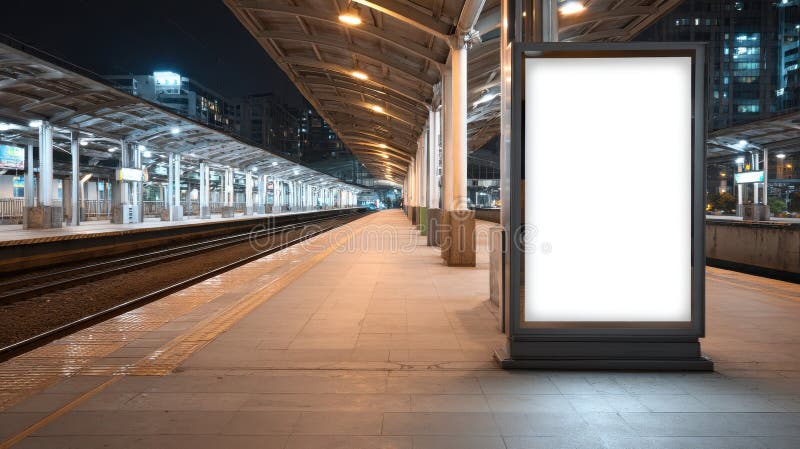 An Evening Train Station Billboard Mockup with a Blank White Digital ...