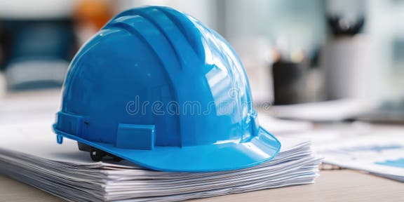 A 4K Photo of Blue Safety Helmet Sits Atop Stack of Documents ...