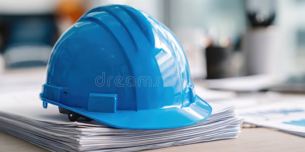 A 4K Photo of Blue Safety Helmet Sits Atop Stack of Documents ...