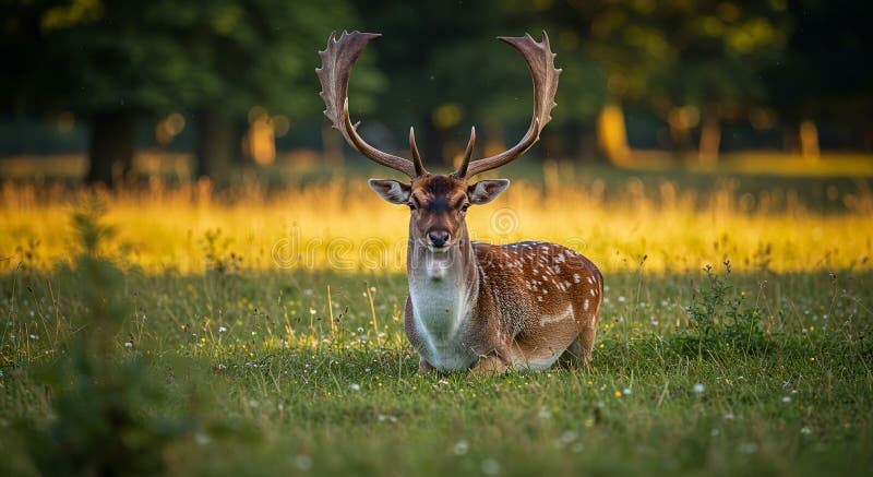 Resting Fallow Deer in a Golden Meadow Stock Illustration ...