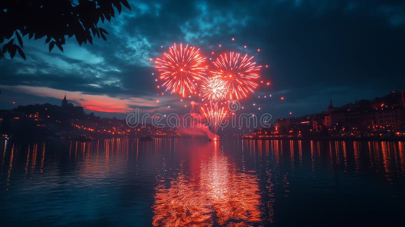 Spectacular Fireworks Display Over Waterfront at Night, Reflections in ...