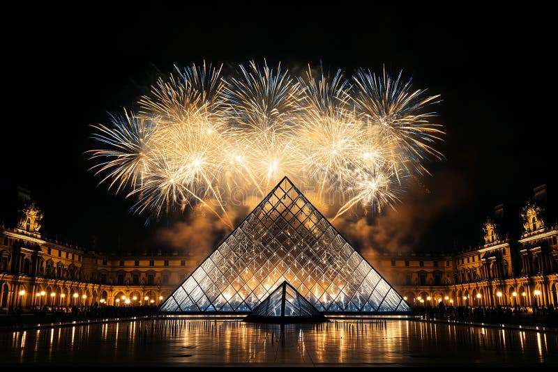 Stunning Bastille Day Fireworks Over the Louvre Pyramid, Illuminating ...