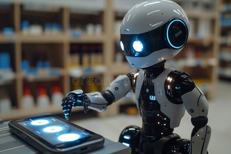 Futuristic Robot Analyzing and Interacting with a Touchscreen Device in ...
