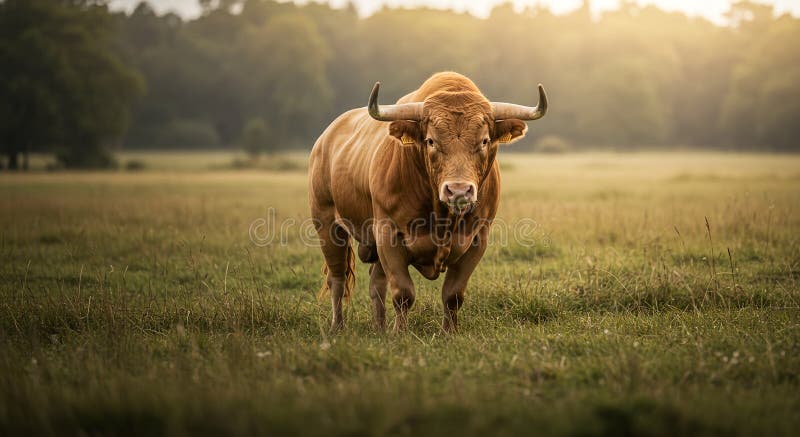 Majestic Light Brown Bull in a Golden Meadow Stock Illustration ...