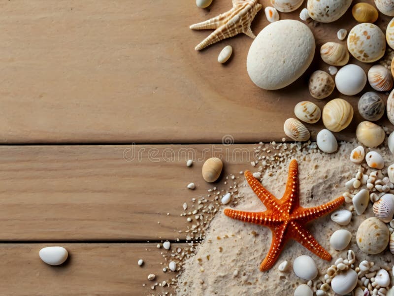 Starfish and Sea Shells on Wooden Background with Sand. High Resolution ...