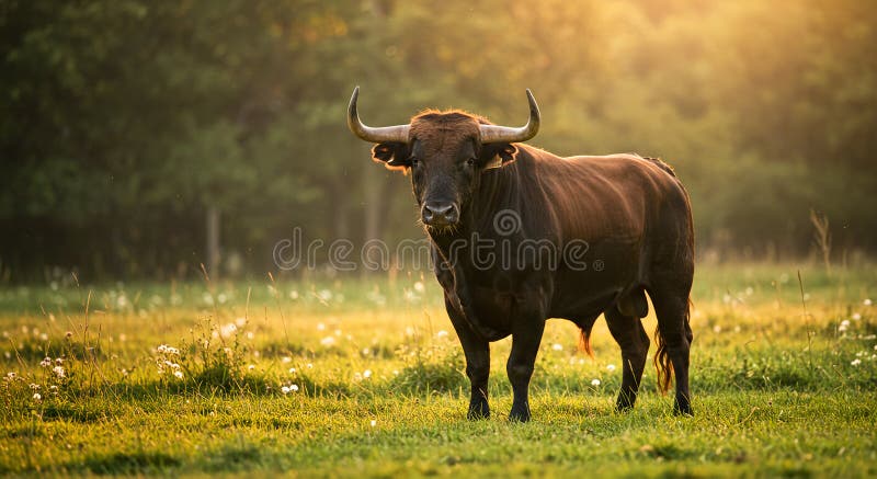 Powerful Dark Bull Standing in a Golden Meadow Stock Illustration ...