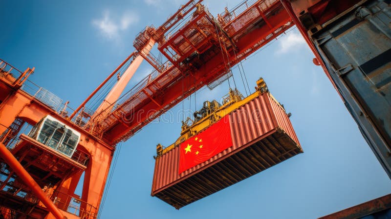 A Stunning Image of Crane Lifting Up Container with Chinese Flag at ...
