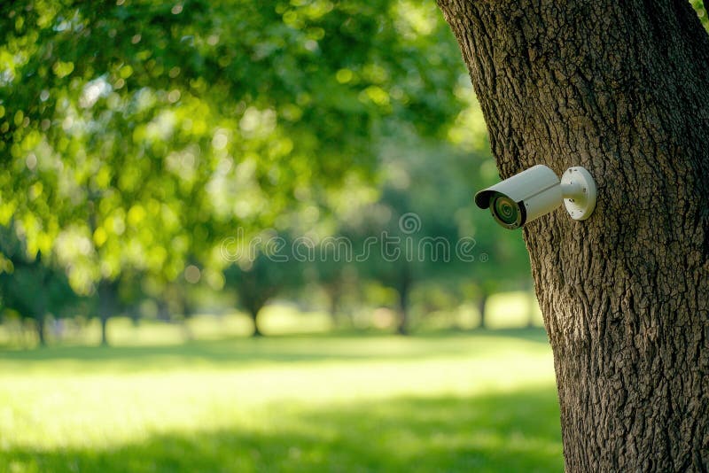 Security Camera on Tree in Park Outdoor Surveillance Green Nature Stock ...