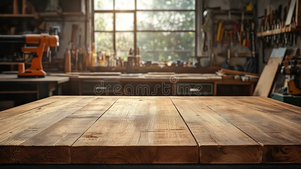 Empty Wooden Table in a Blurred Workshop with Tools and Craftsman in ...
