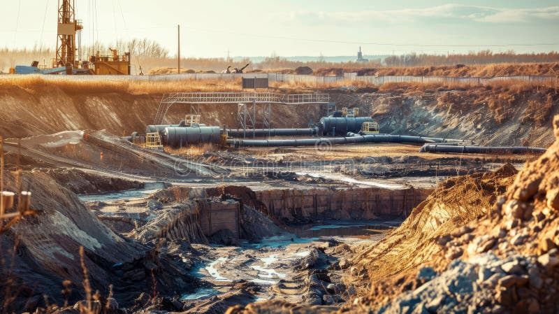 Industrial Landscape of an Extensive Open-pit Mining Area with Machinery and Pipeline Structures ...