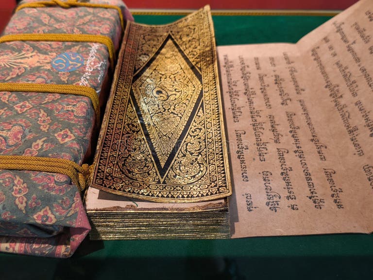 Ancient Thai Scripture Book with Gold-Leaf Cover and Traditional Script ...
