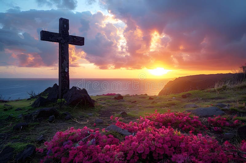 Spiritual Sunset with Cross Silhouette. Stock Illustration ...