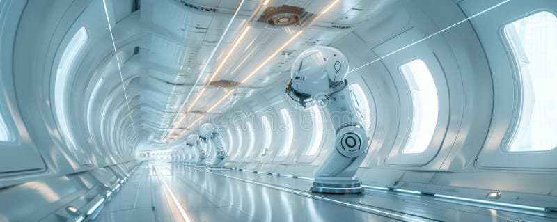 Futuristic Corridor with Robotic Arm in Clean, Minimalistic Design and ...