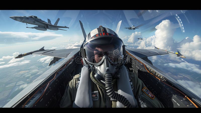 Pilot in the Cockpit of a Modern Fighter Jet with Other Jets Flying in ...