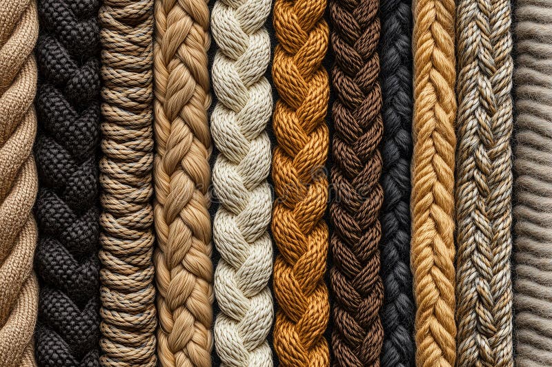 Collection of Braided Ropes and Cords; Natural and Dark Tones, Detailed ...